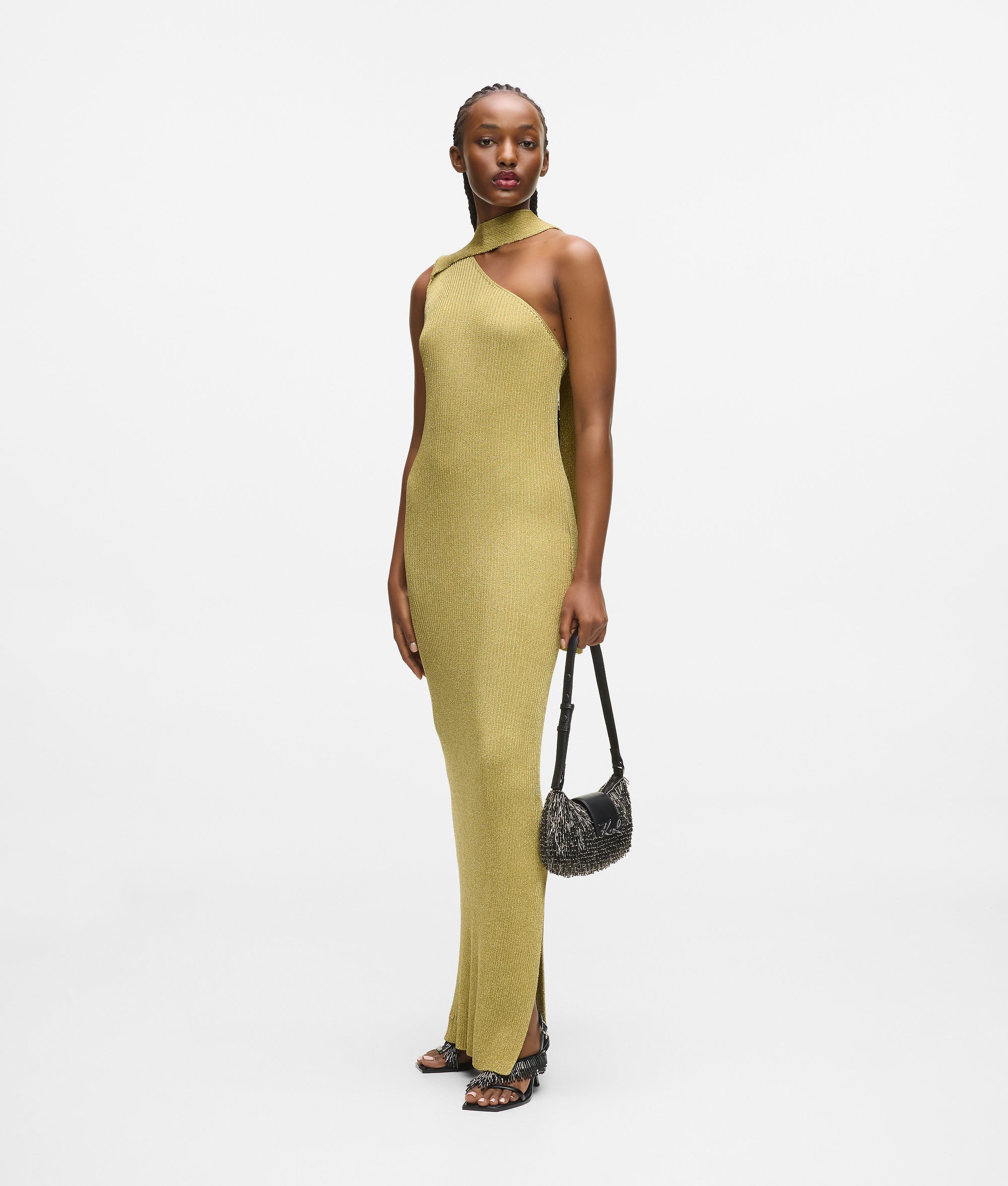 KARL LAGERFELD Karl Lagerfeld Asymmetric One-Shoulder Metallic Knit Maxi Dress